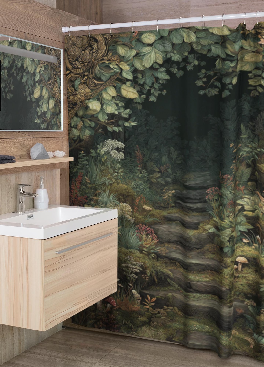 Mystical Woodland Path Shower Curtain – Whimsical Cottagecore Fantasy ...
