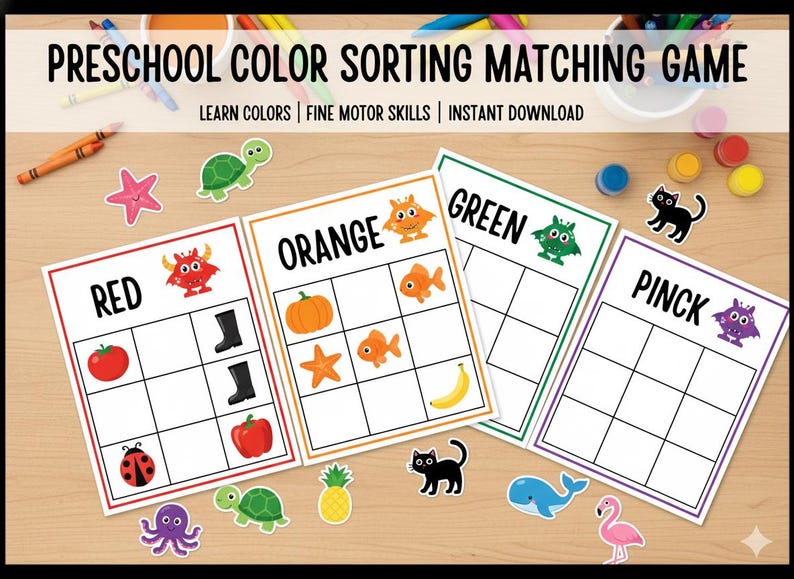 Preschool Color Sorting Activity, Toddler Busy Book Page, Monster Color ...