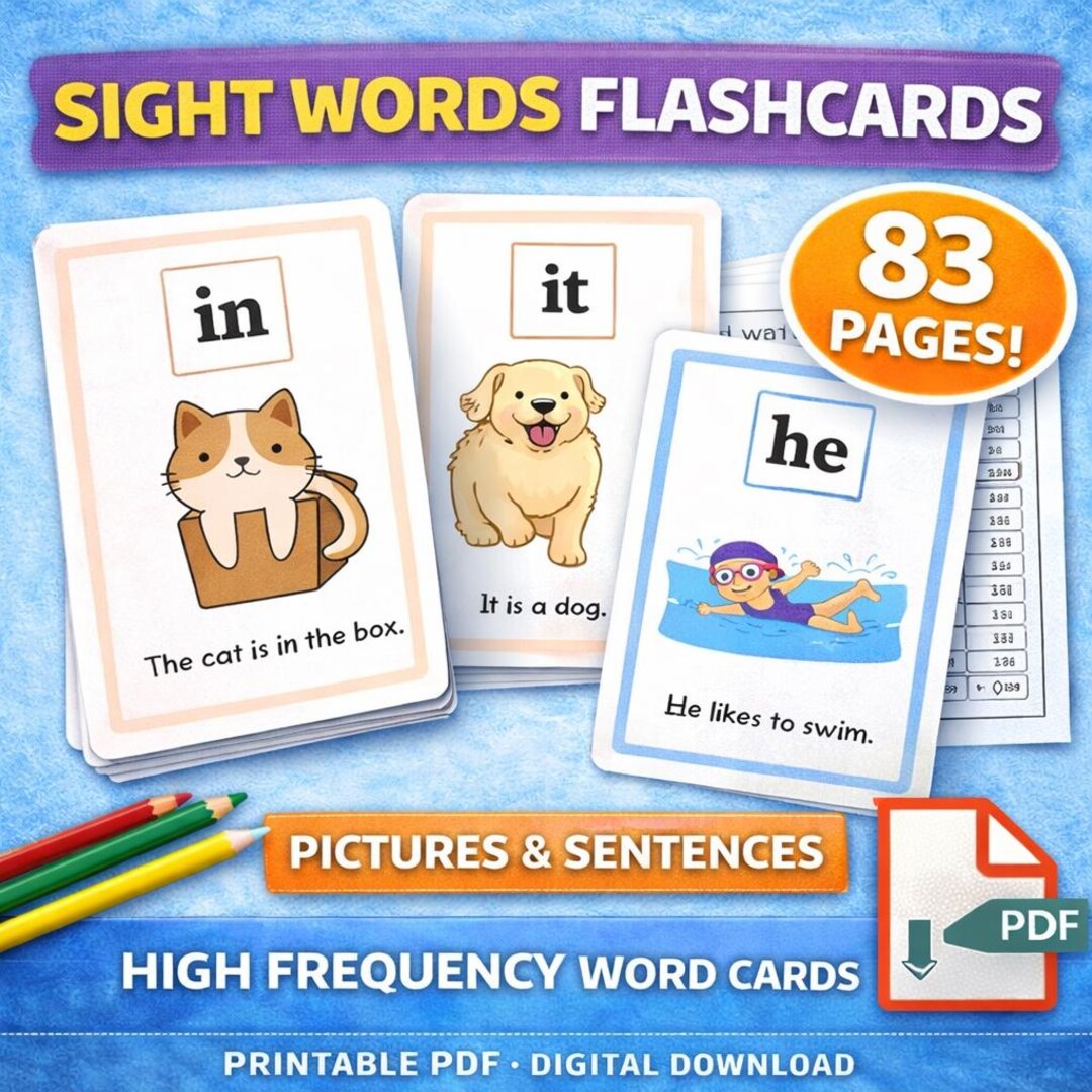 Sight Words Flashcards With Pictures & Sentences | High Frequency Words ...