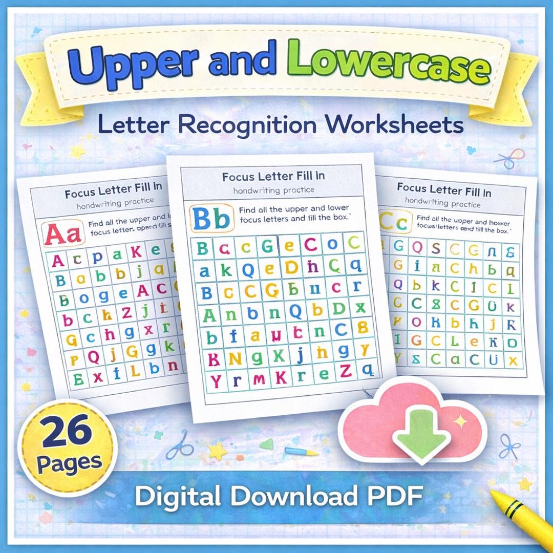 Upper and Lowercase Letter Recognition Worksheets | 26 Fill in Alphabet ...