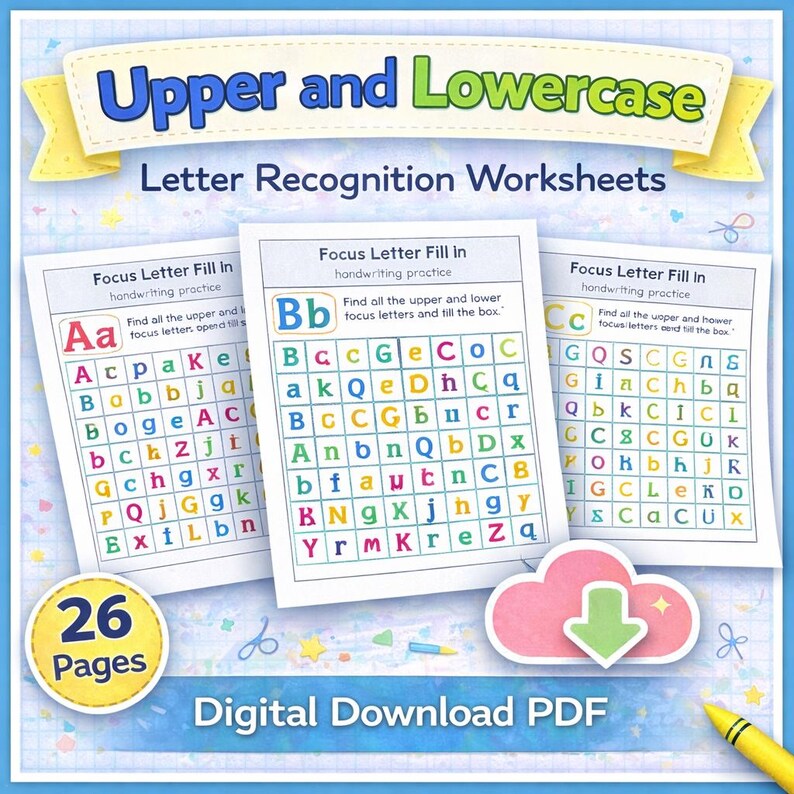Upper and Lowercase Letter Recognition Worksheets | 26 Fill in Alphabet ...