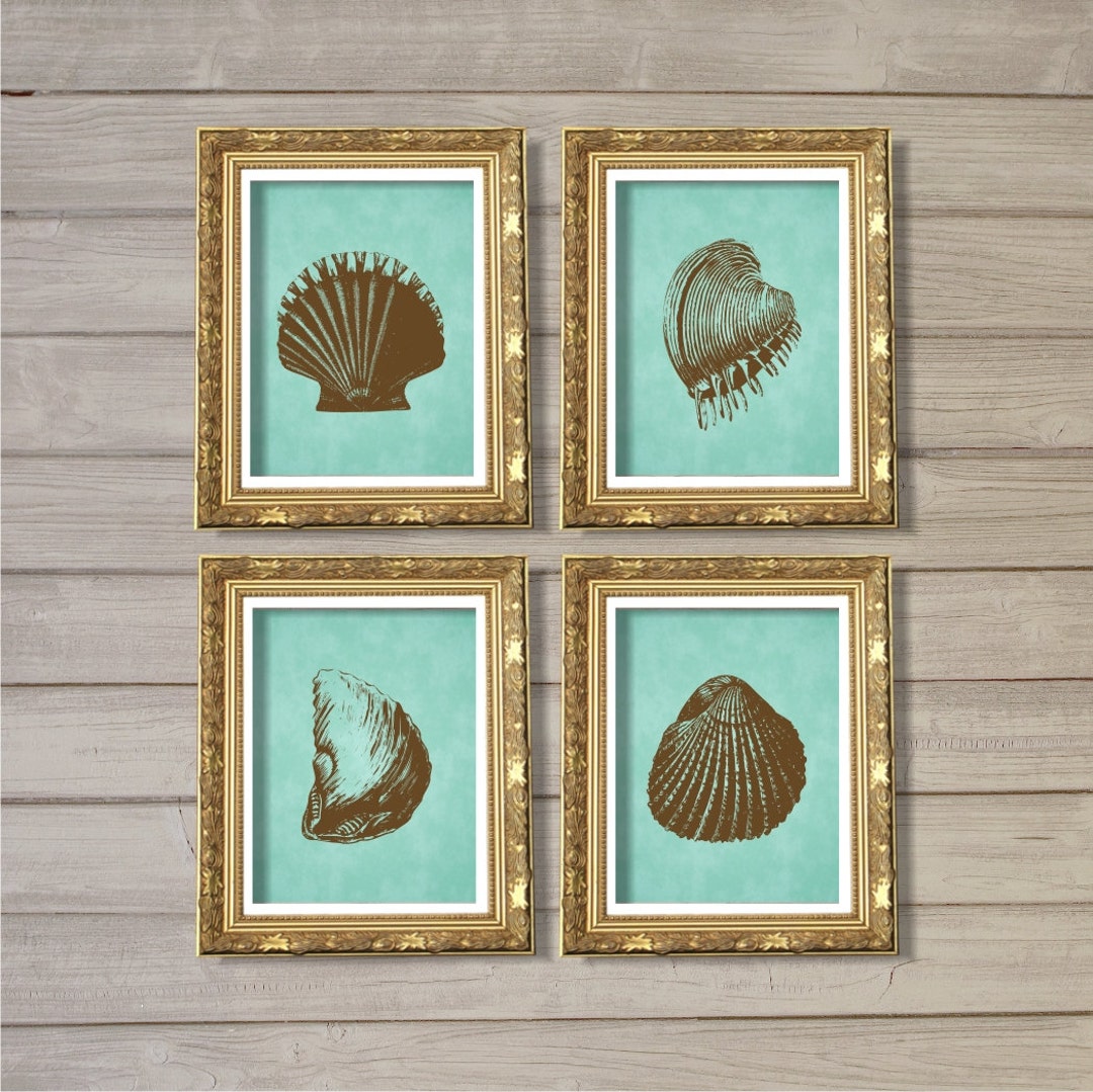 Sea Shells (set of 4) 8x10- Turquoise Beach Seaside Ocean Nautical ...