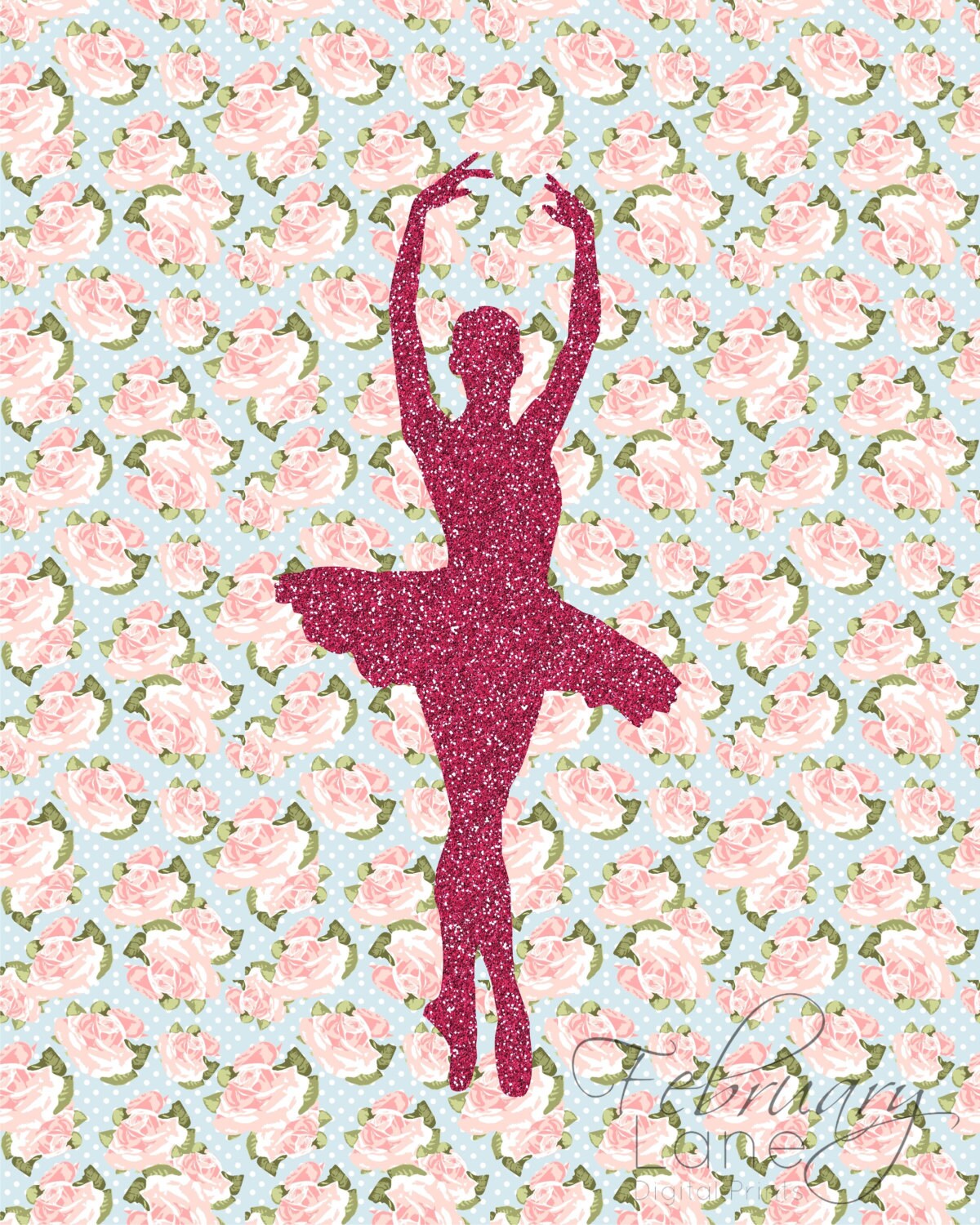 Ballerina Pink Roses Glitter Wall Art Printable Instant Download -set ...