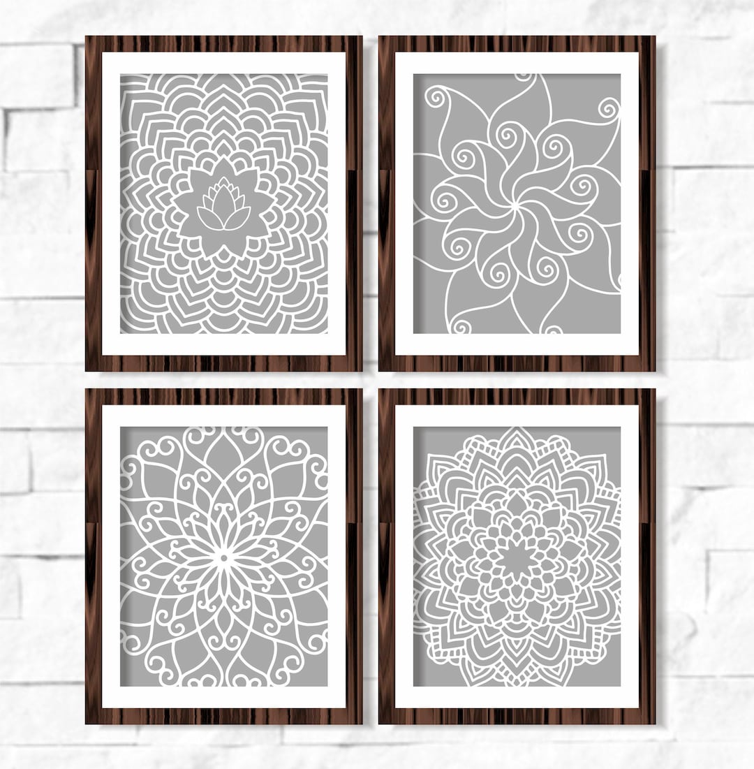 Geometric Mandala Floral Printable Wall Art Set of 4 -8x10- Gray Grey ...