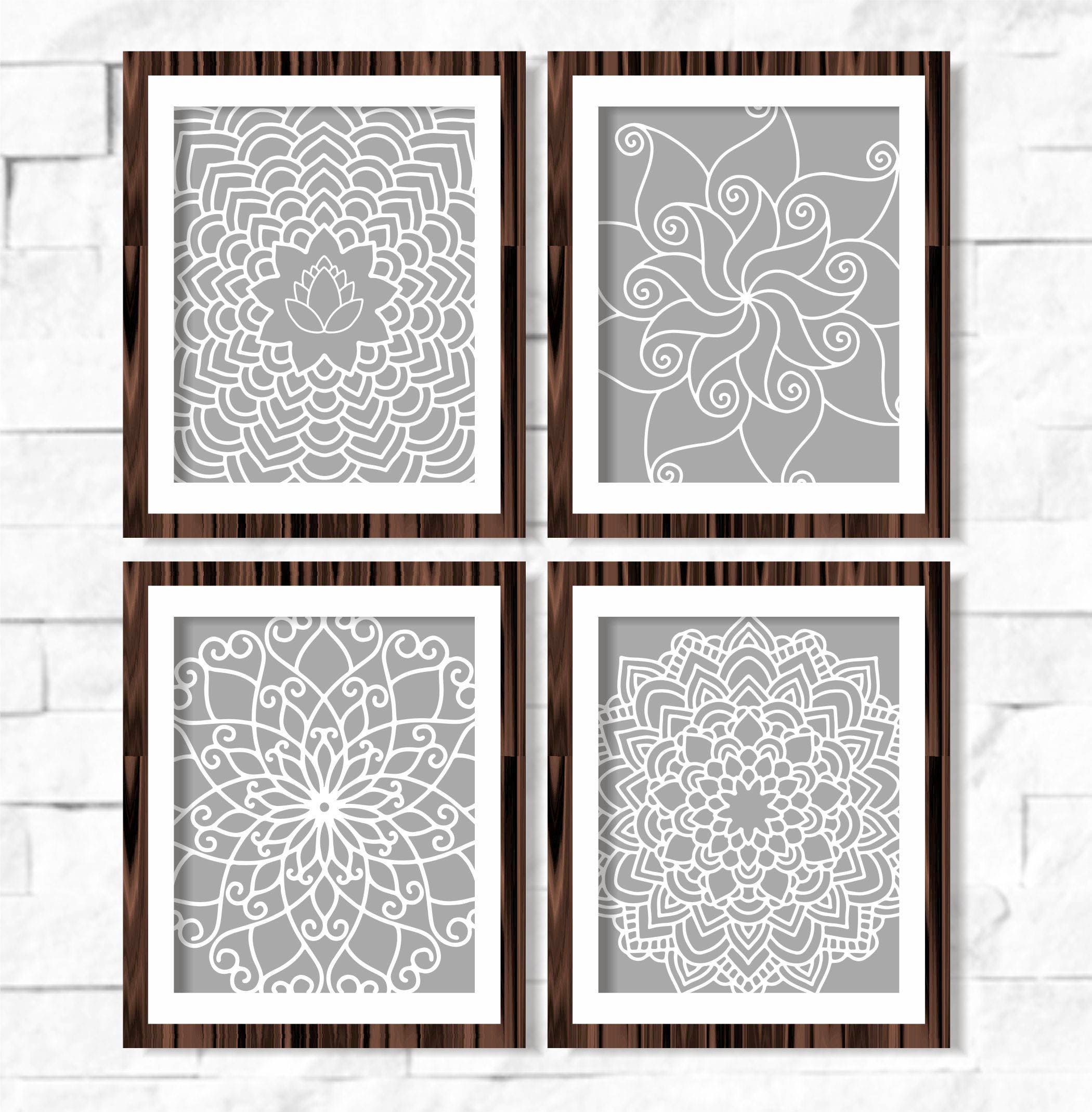 Geometric Mandala Floral Printable Wall Art Set of 4 -8x10- Gray Grey ...
