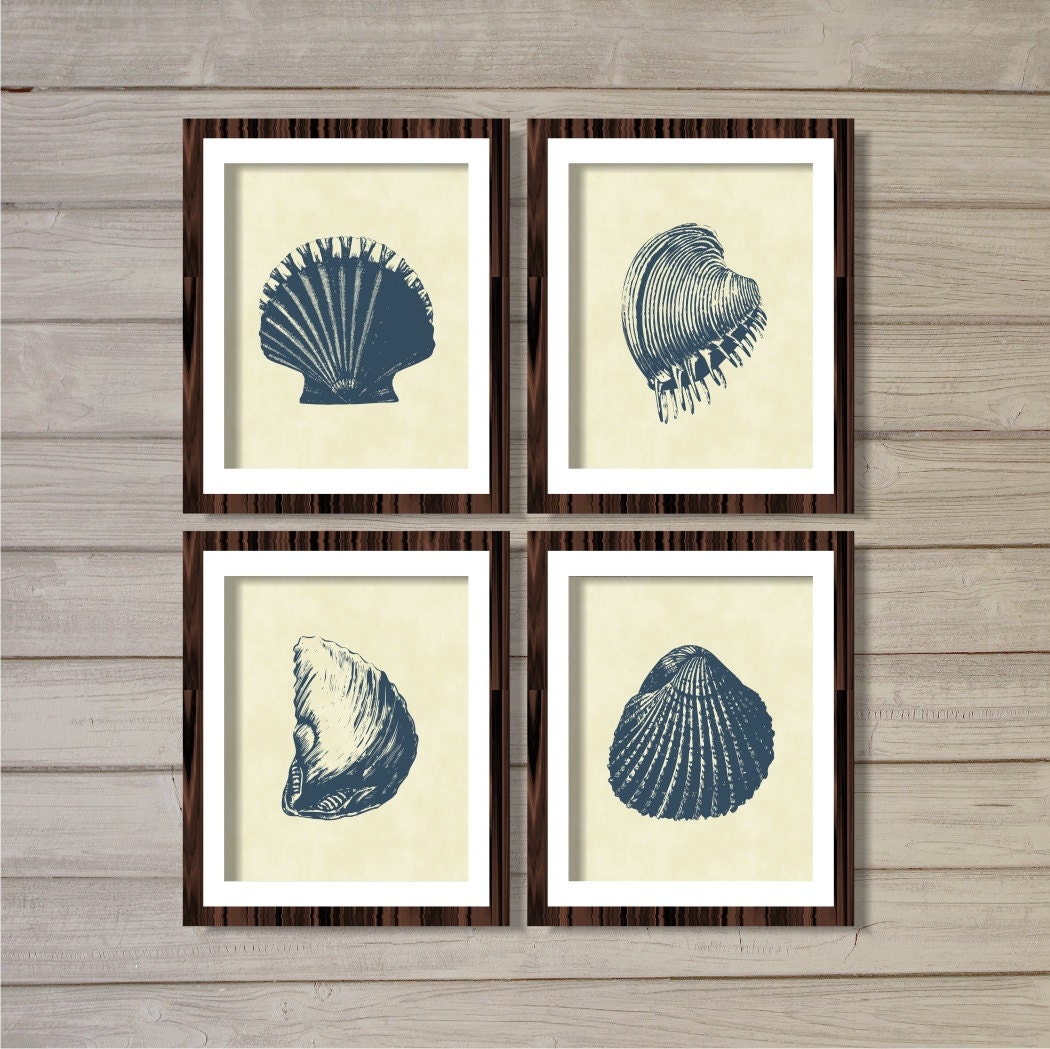 Sea Shells set of 4 8x10 Cream Navy Blue Beach Ocean - Etsy