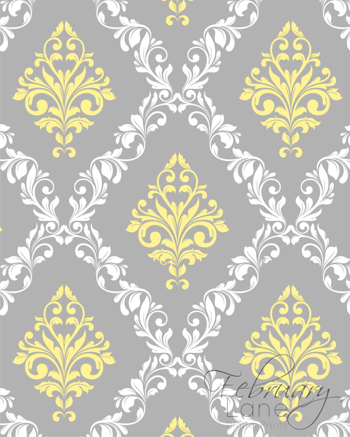 Damask Pattern Printable Wall Art Grey Yellow Set of 2 8x10 - Etsy