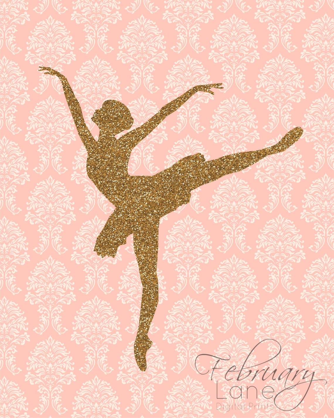 Ballerina Pink Damask Gold Glitter Wall Art Printable Instant - Etsy