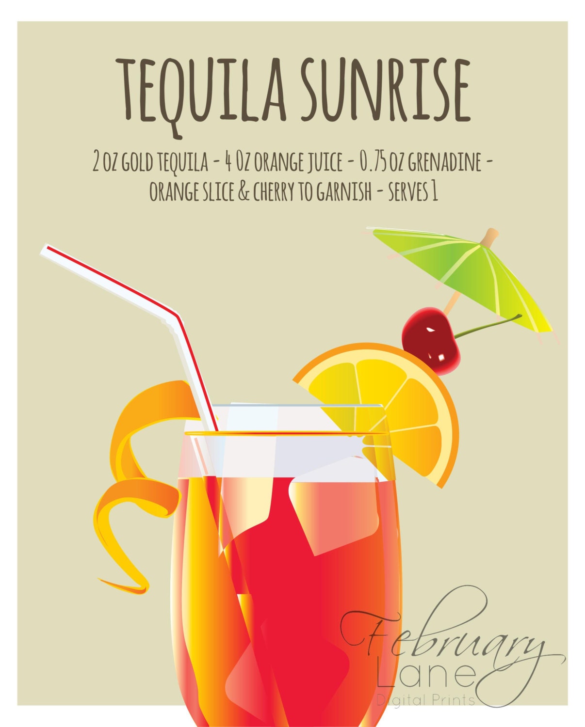 Cocktail Recipe 'Tequila Sunrise' Digital Download Print Poster Art ...