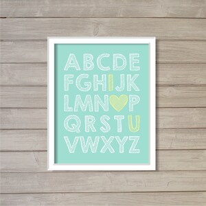 Alphabets Abcs I Heart U Nursery Wall Art Printable - Turquoise Blue ...