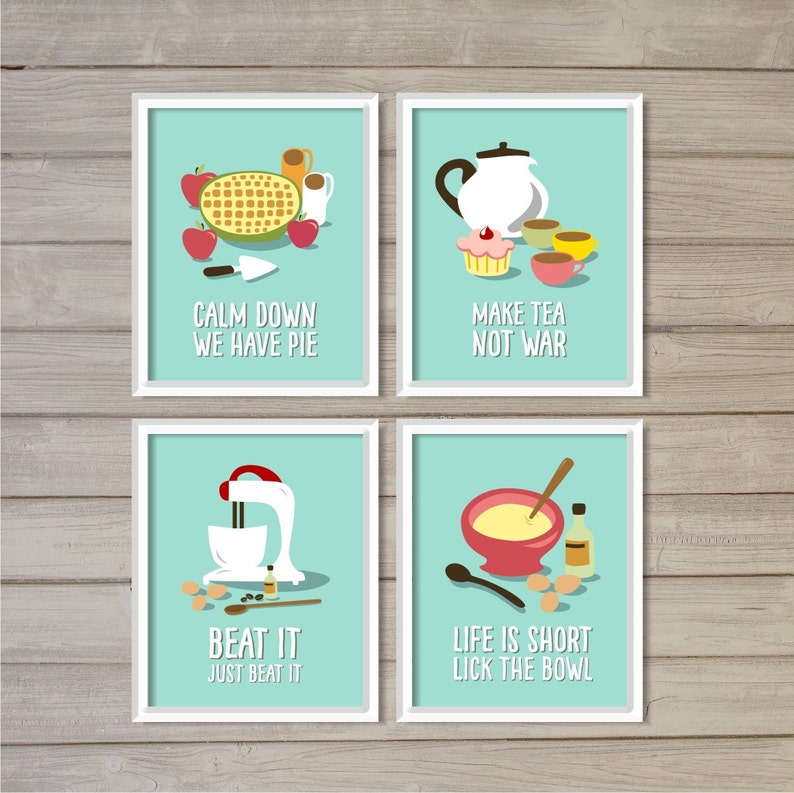 Funny Kitchen Printable Wall Art Prints Set of 4 Turquoise Blue 8x10 ...