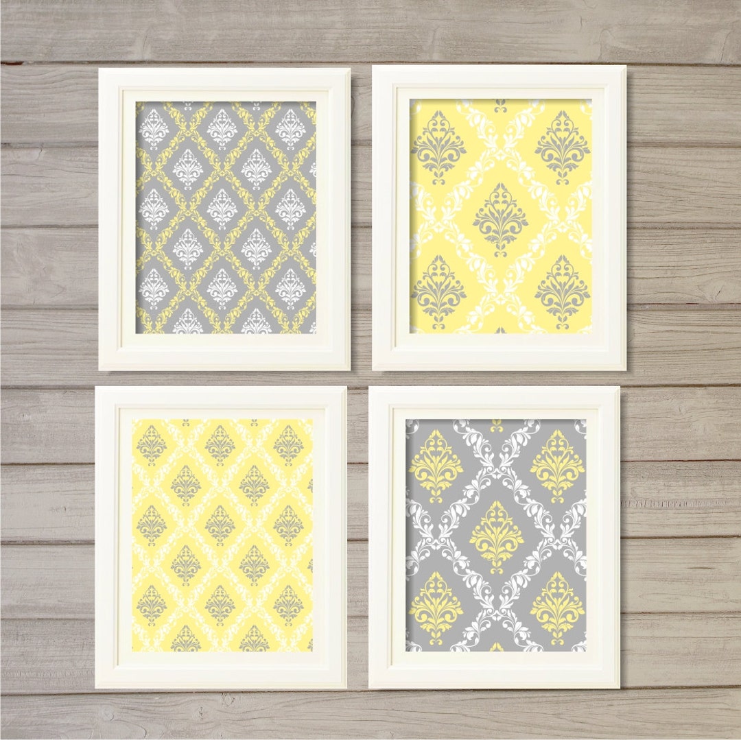 Damask Pattern Printable Wall Art Grey Yellow Set of 4 -8x10- Vintage ...