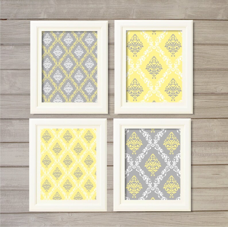 Damask Pattern Printable Wall Art Grey Yellow Set of 4 8x10 - Etsy