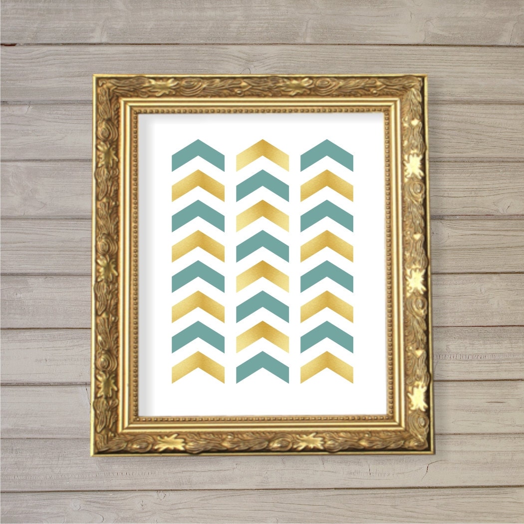 Chevron Pattern Printable Wall Art Aqua Faux Gold Foil 8x10 | Etsy