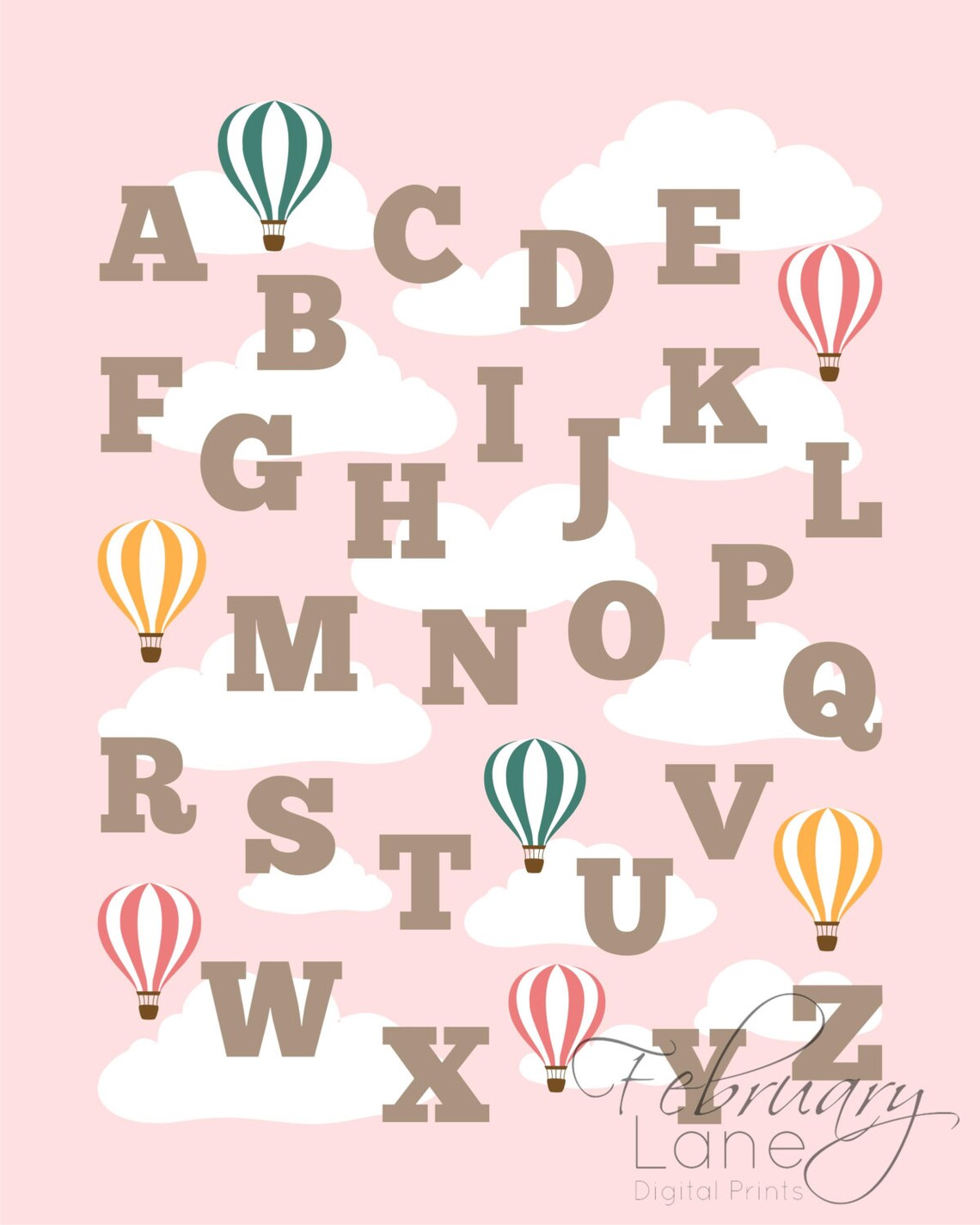 Nursery Alphabet Abcs Hot Air Balloon Printable Wall Art Pink | Etsy