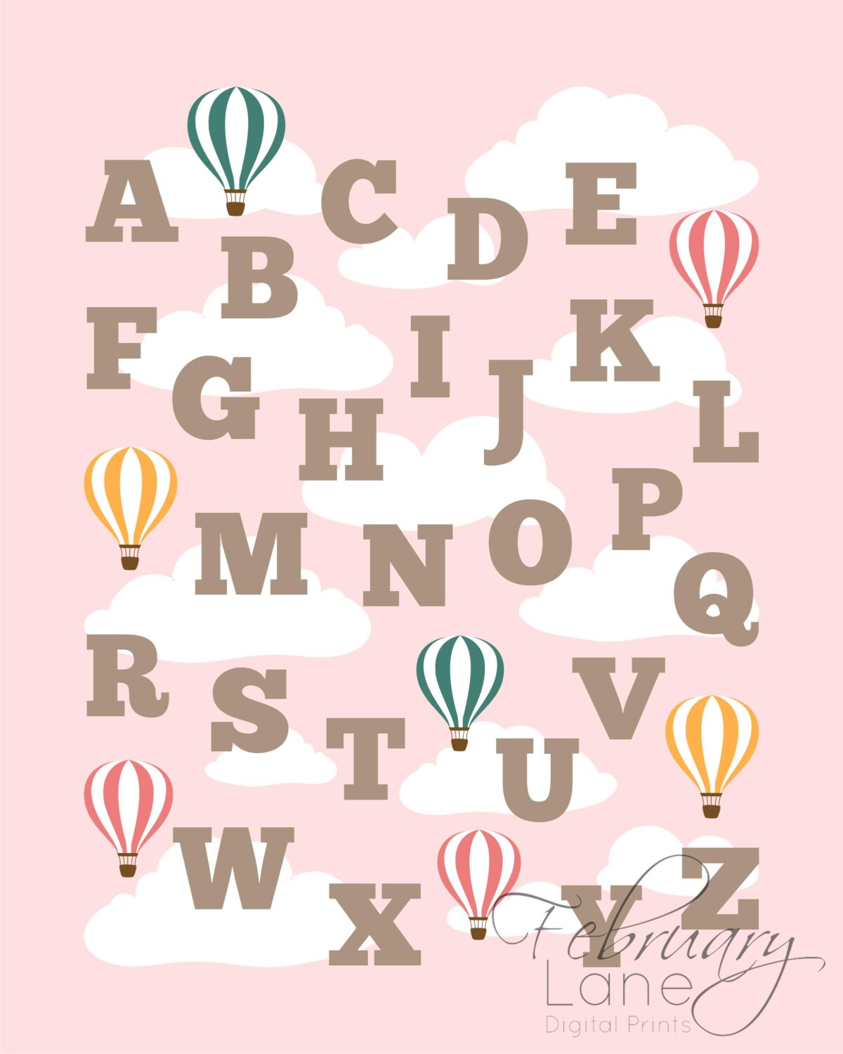Nursery Alphabet Abcs Hot Air Balloon Printable Wall Art Pink | Etsy