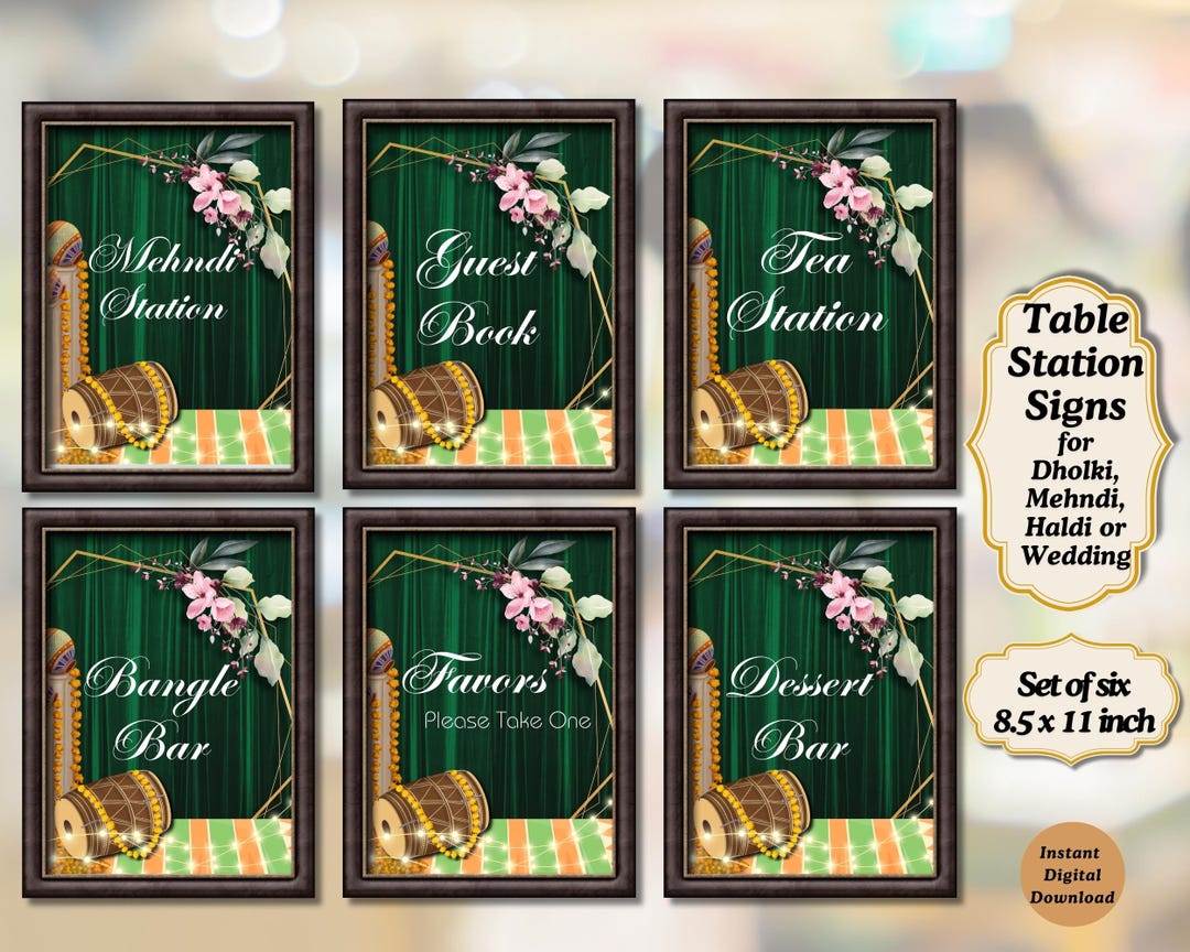 Set of 6 Wedding Station Signs | Printable Table Decor | Mehndi Dholki ...