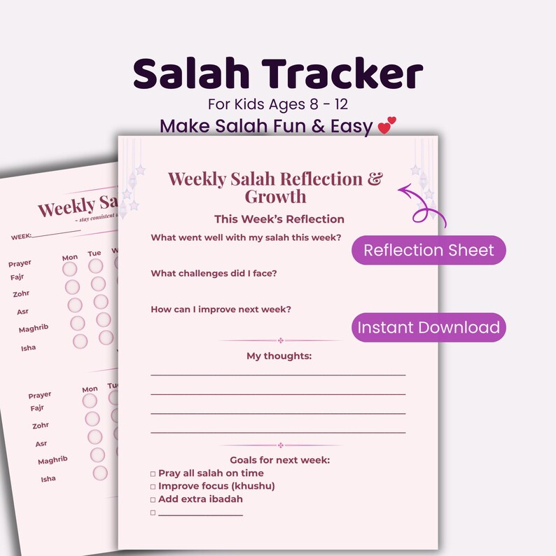 Pink Salah Tracker for Kids Printable, Islamic Prayer Chart PDF, Daily ...
