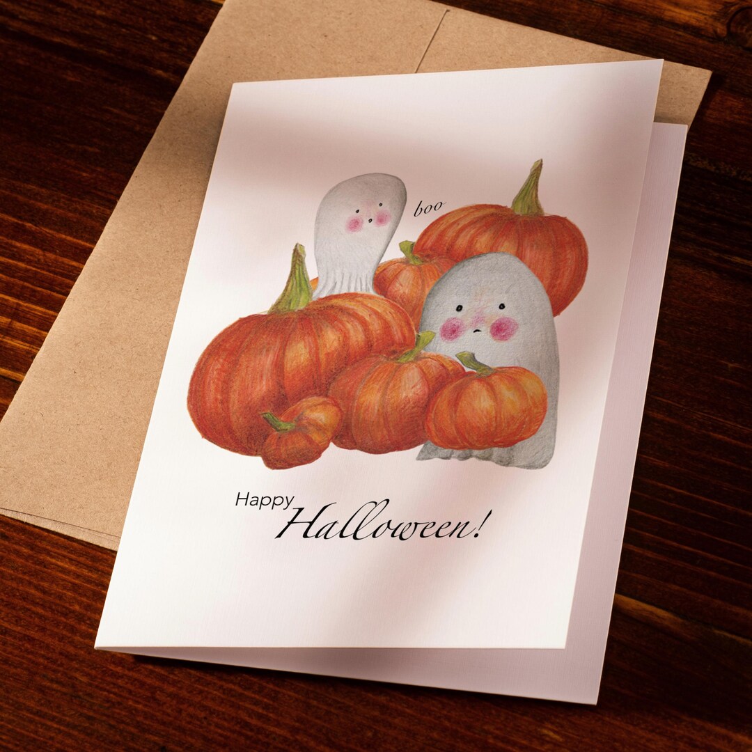 Printable Halloween Greeting Card, Hand-drawn Pumpkin and Ghost ...