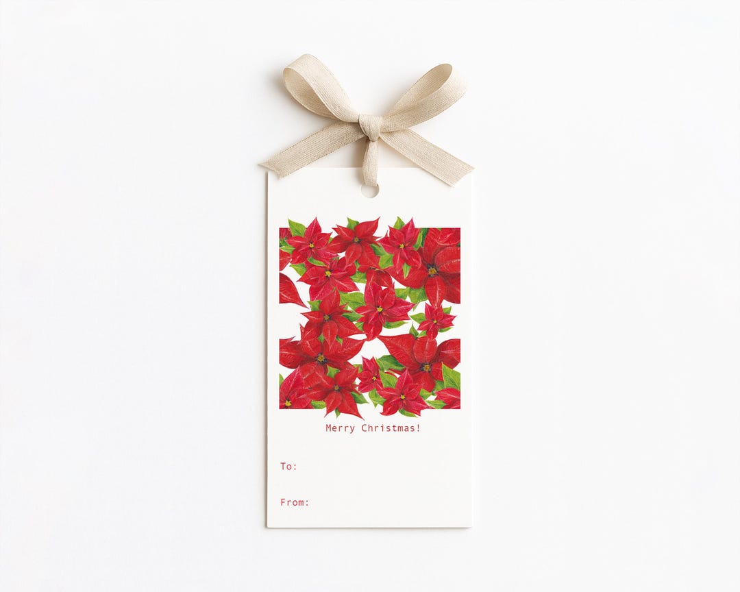 Printable Poinsettia Christmas Gift Tag, Christmas Red Flower Present ...