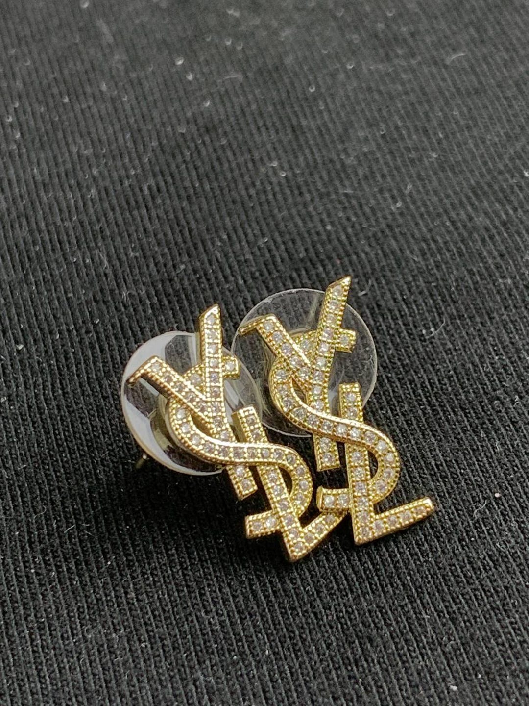 Yves Saint Laurent Gold ysl logo Rhinestone earrings - Etsy
