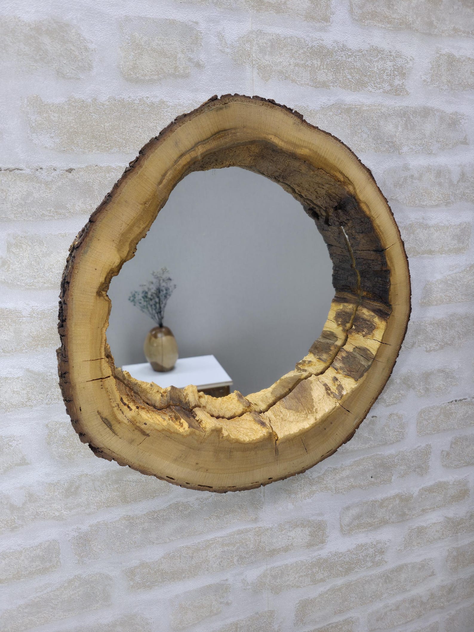Handmade Oak Log Slice Mirror: Rustic Live Edge Wall Decor - Etsy