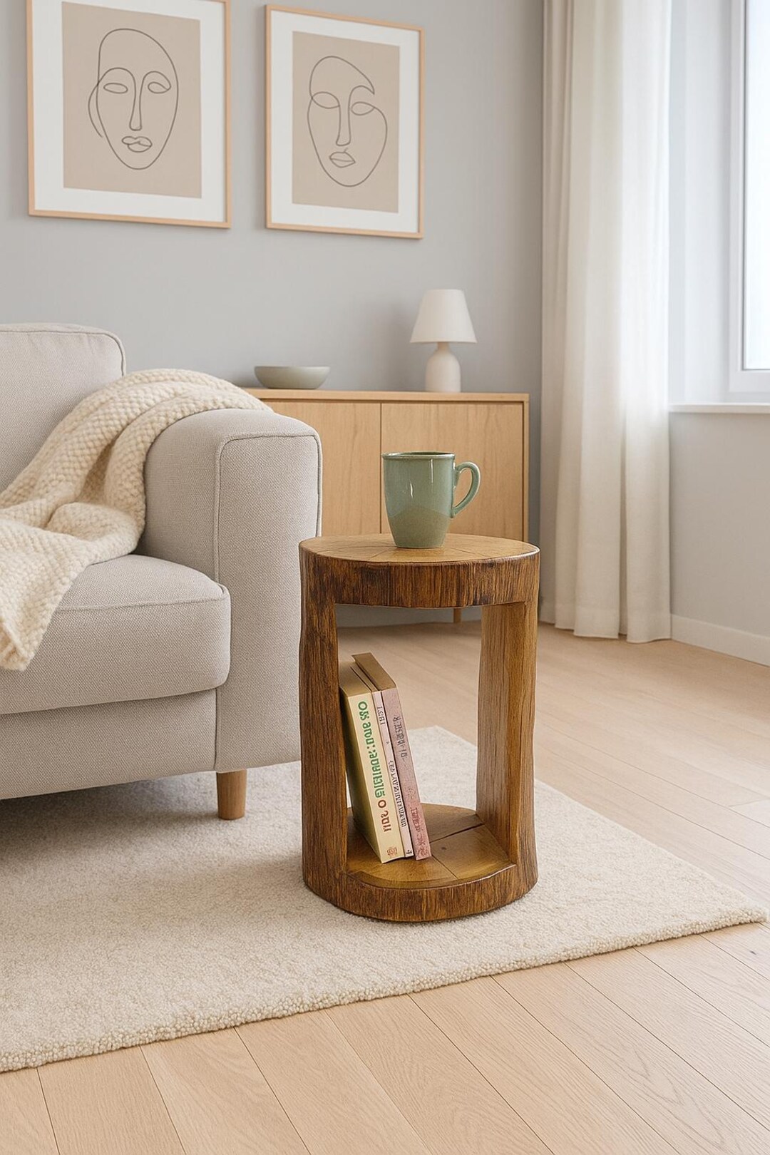 Rustic Oak Log Side Table | Handmade Wooden Accent Table | Natural Book ...