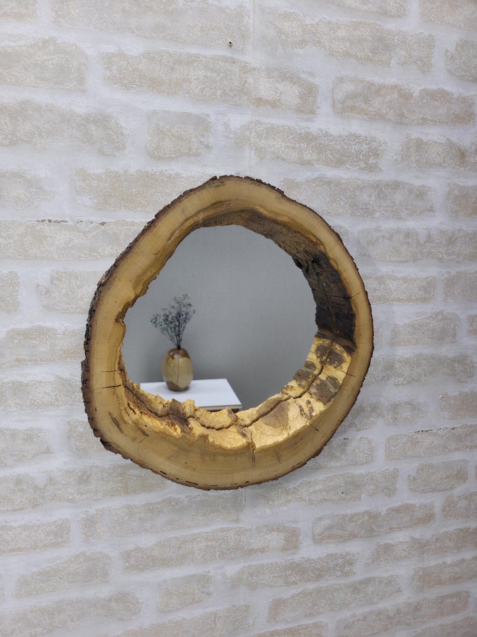 Handmade Oak Log Slice Mirror: Rustic Live Edge Wall Decor - Etsy