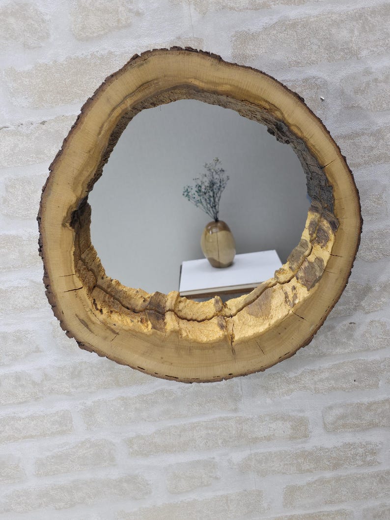 Handmade Oak Log Slice Mirror: Rustic Live Edge Wall Decor - Etsy
