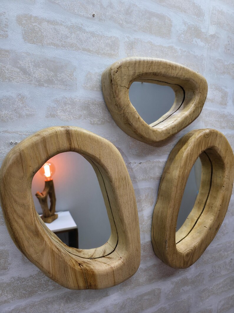 Rustic Chestnut Wood Mirror Set: Asymmetrical Boho Wall Decor Trio ...