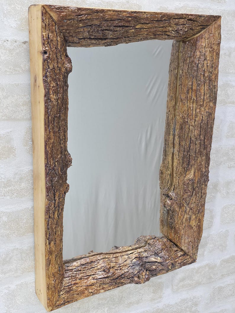 Rustic Oak Bark Mirror – Live Edge Wall Mirror – Handmade Wood Frame Mirror for Rustic ...