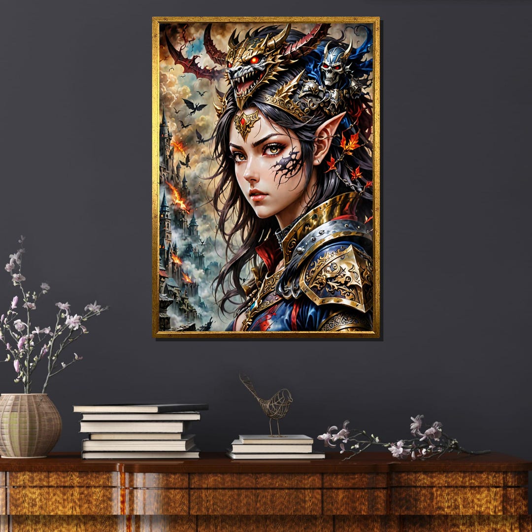 Dark Fantasy Elf Warrior Queen Wall Art - Gothic Dragon Knight Print ...