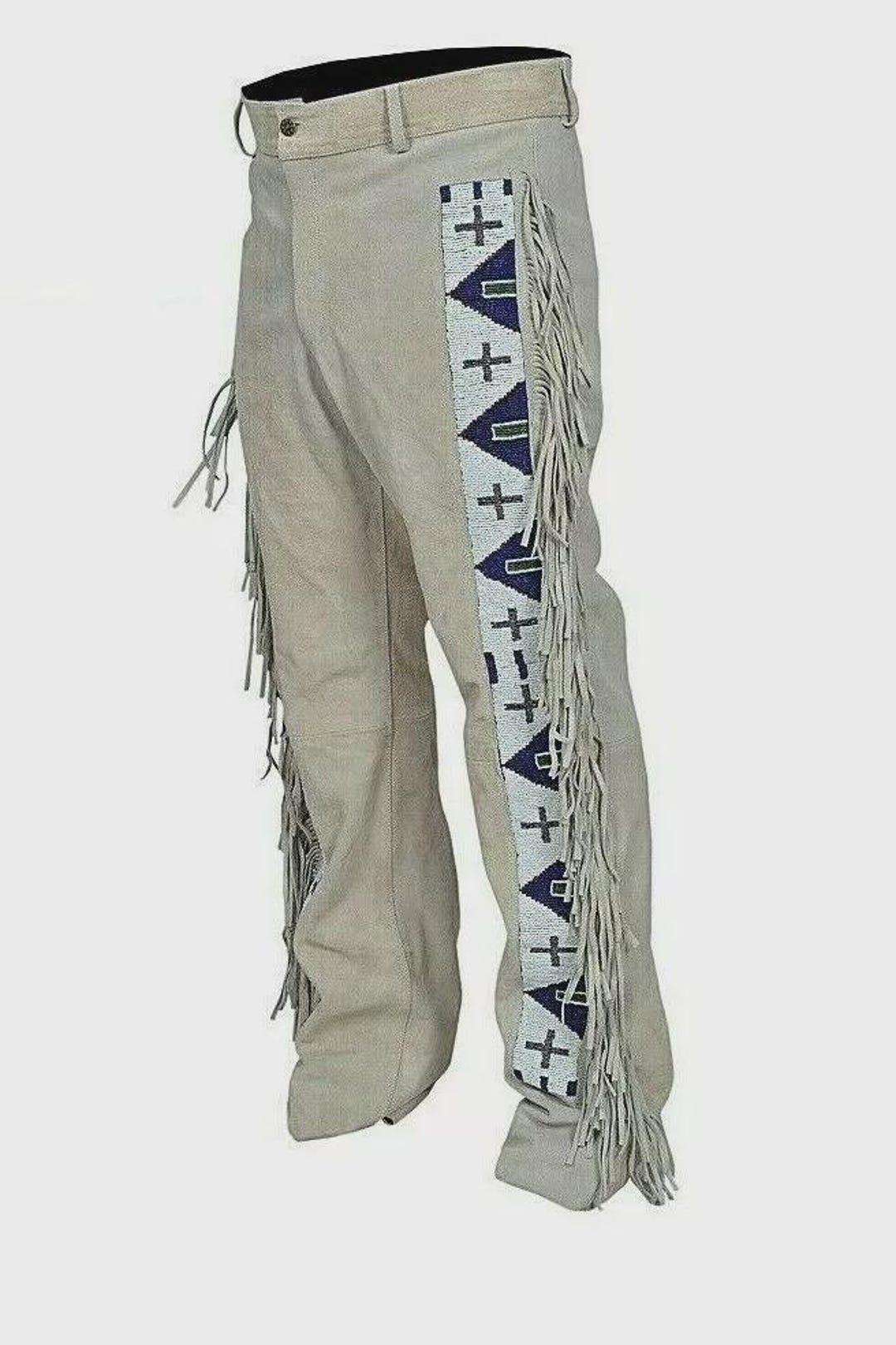 Men's Native American Western Cowboy Leather Pants Suede Fringe Full ...