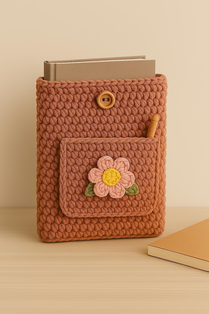 Crochet Book Sleeve Pattern: Velvet Yarn With Pocket & Flower (PDF ...