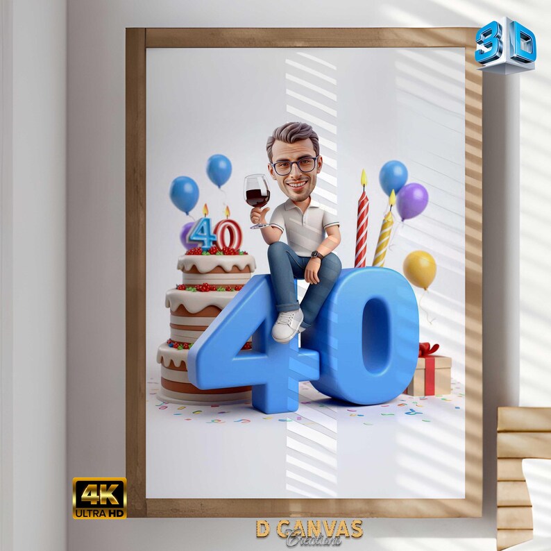 Custom 40th Birthday Caricature – Man Sitting on Blue "40" Digit ...
