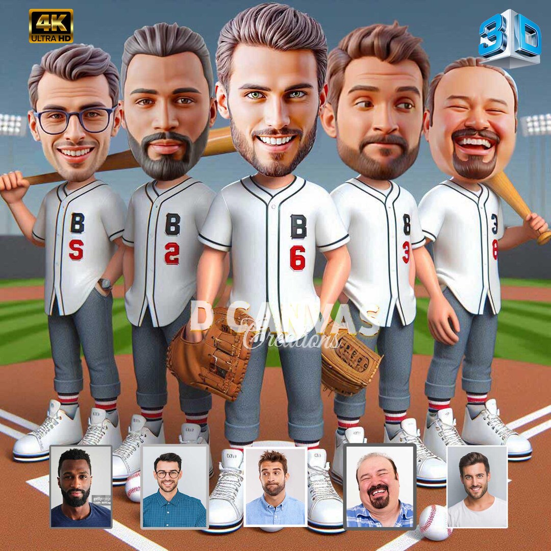 Custom Baseball Team Caricature – Baseball Team of 5 Players in White ...