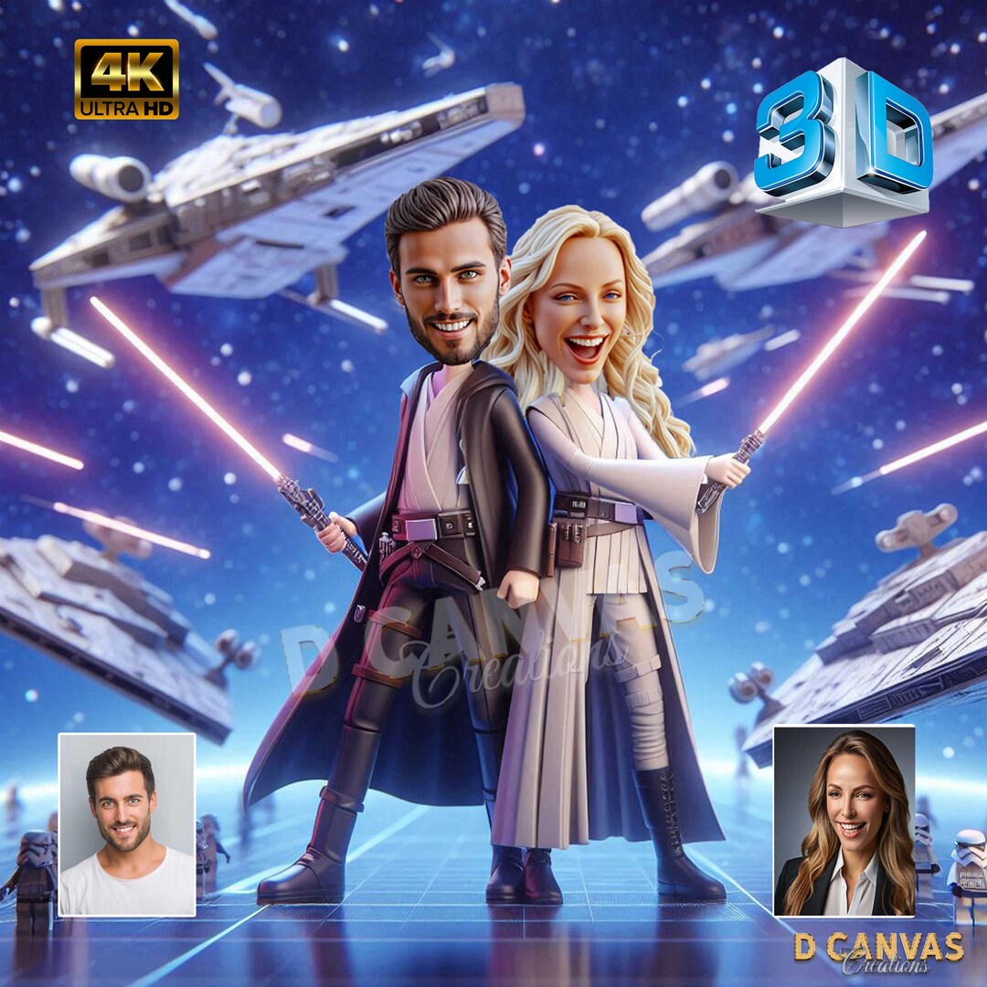 Custom 3D Star Wars Couple Caricature, Personalized Star Wars Jedi ...