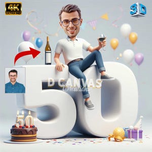 Custom 50th Birthday Caricature – Man Sitting on White "50" Digit ...