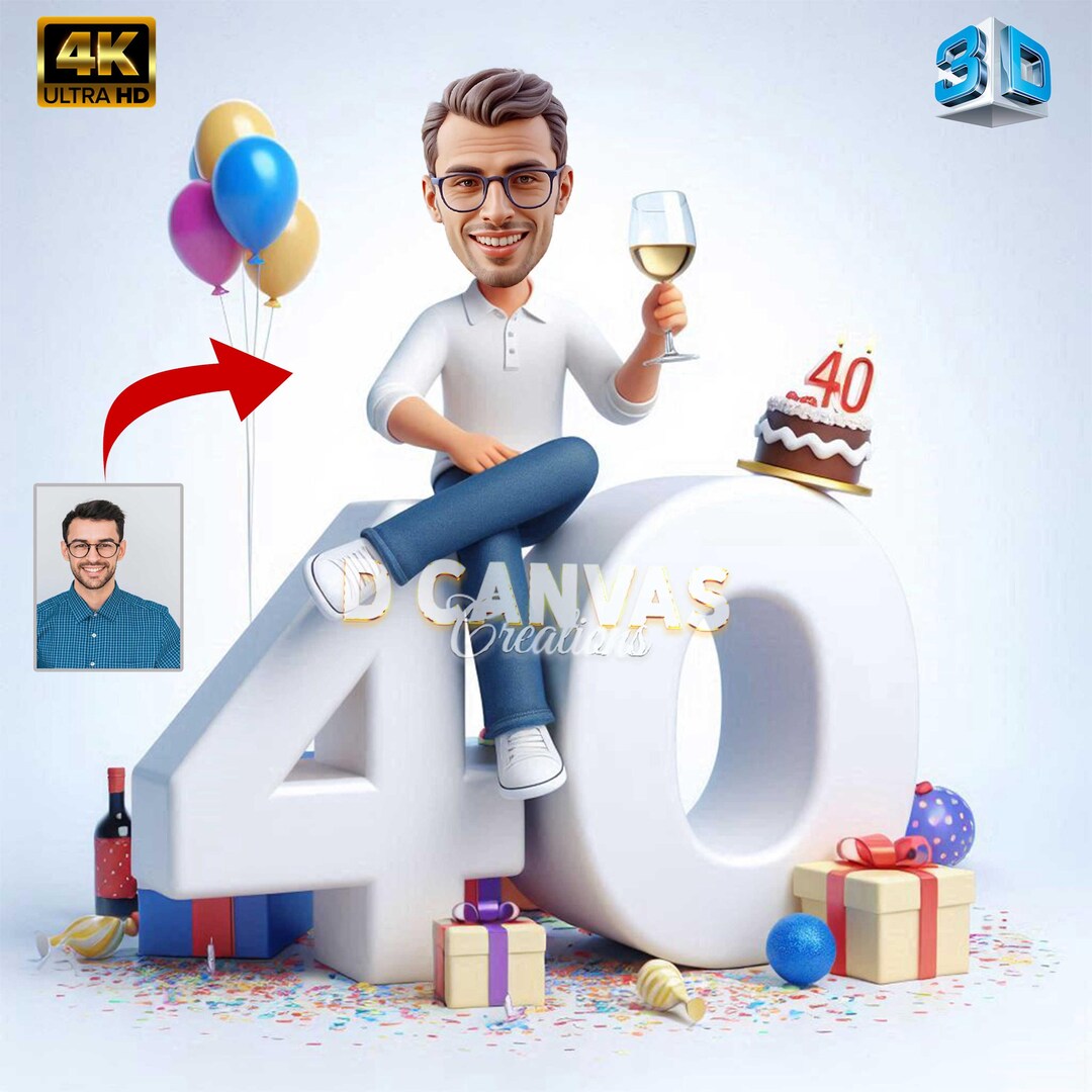 Custom 40th Birthday Caricature – Man Sitting on White "40" Digit ...
