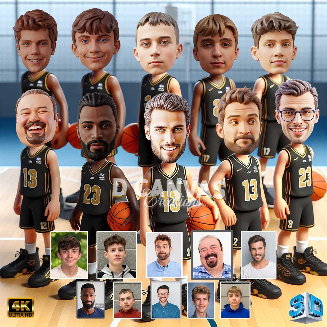 Custom Basketball Team Caricature – Team of 10 in Black Kit With Yellow ...