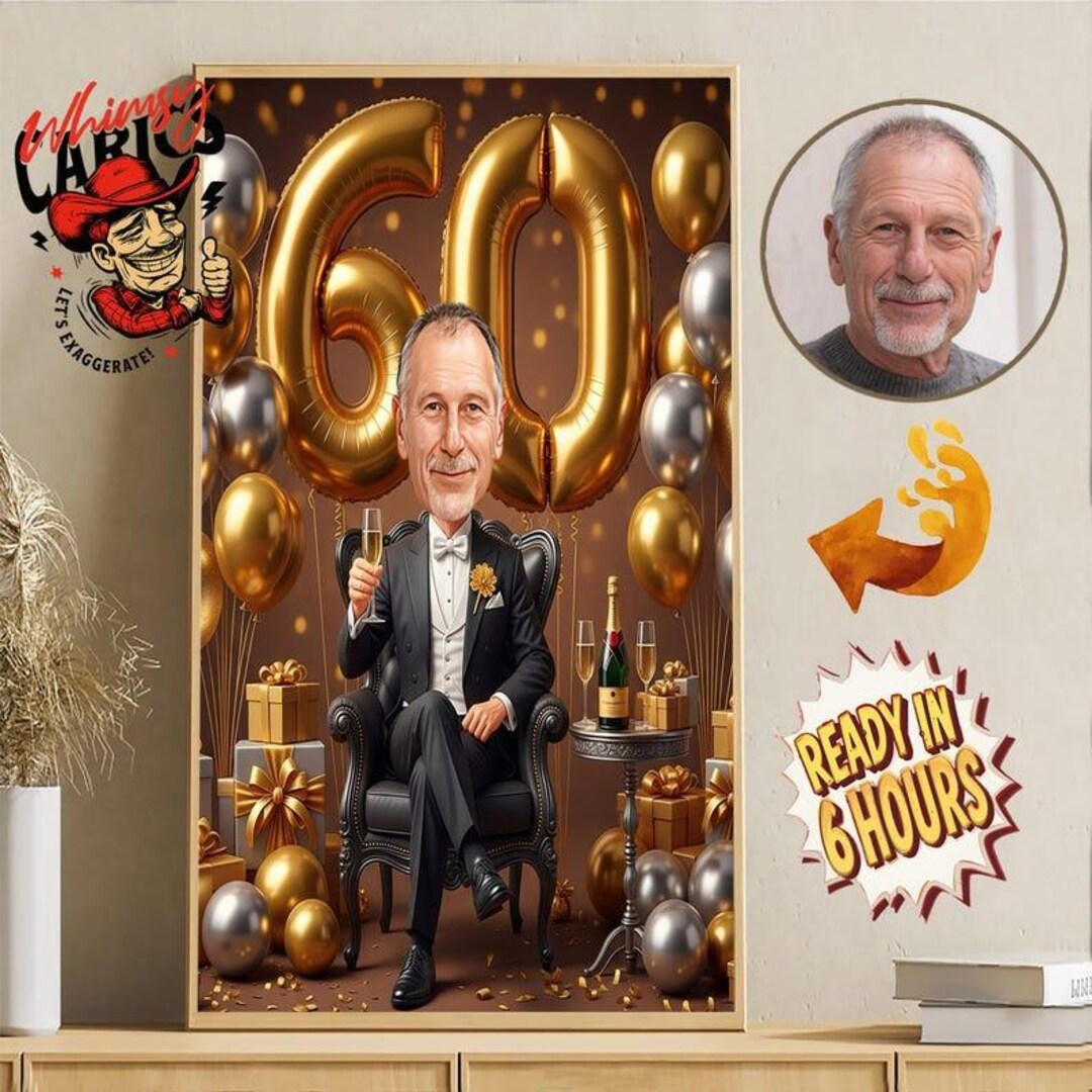 60th Birthday Custom Caricature | Personalized Cartoon Portrait | Funny ...