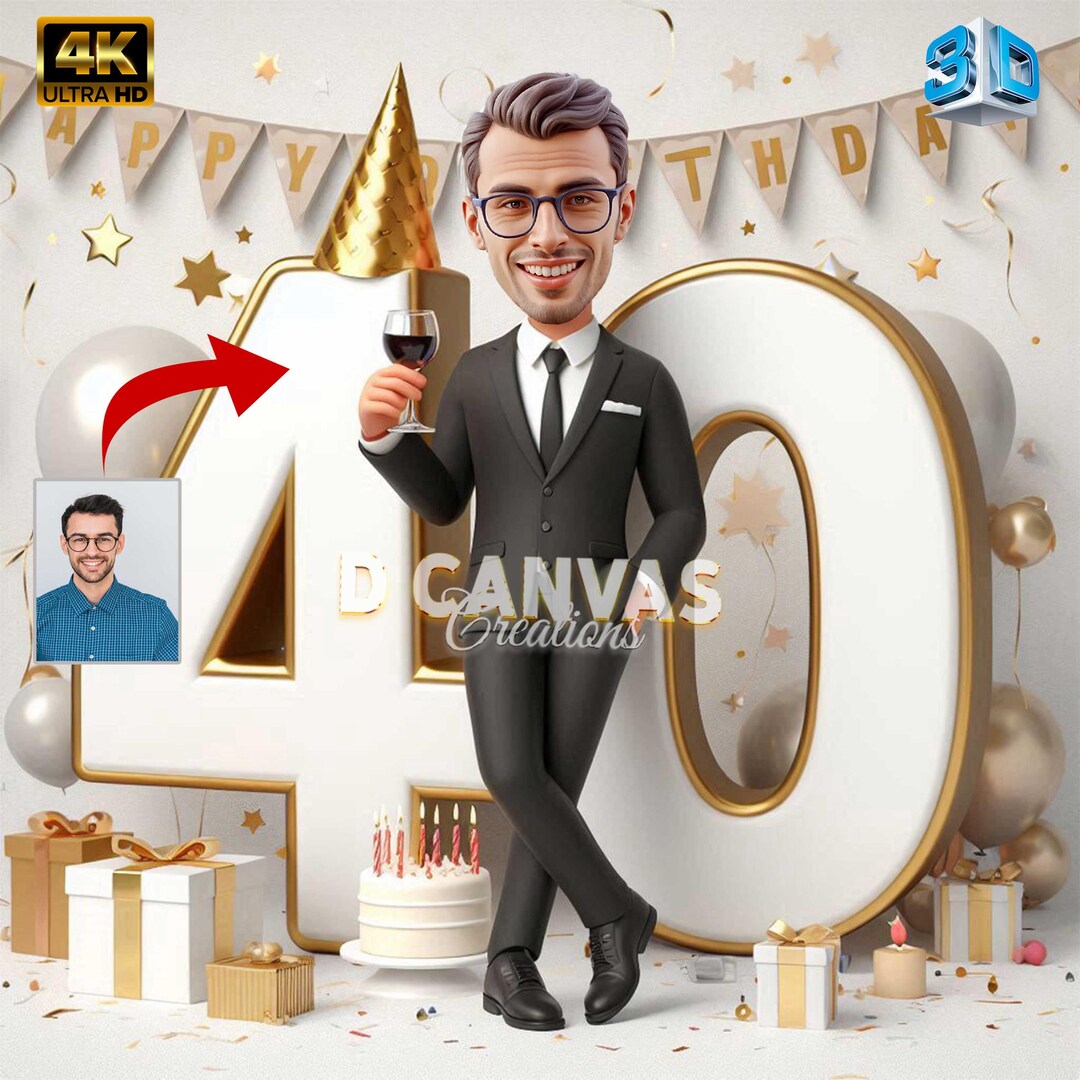 Custom 40th Birthday Caricature – Man Celebrating With Wine Glass ...