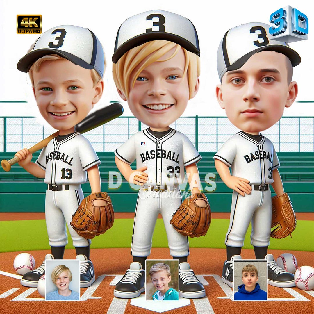 Custom Baseball Trio Caricature – Baseball Trio in White Kit With Black ...