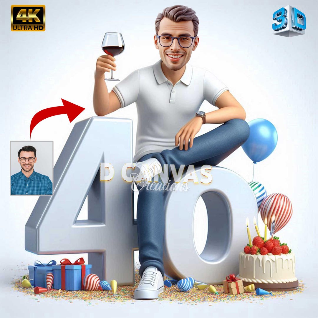 Custom 40th Birthday Caricature – Man Sitting on White "40" Digit ...