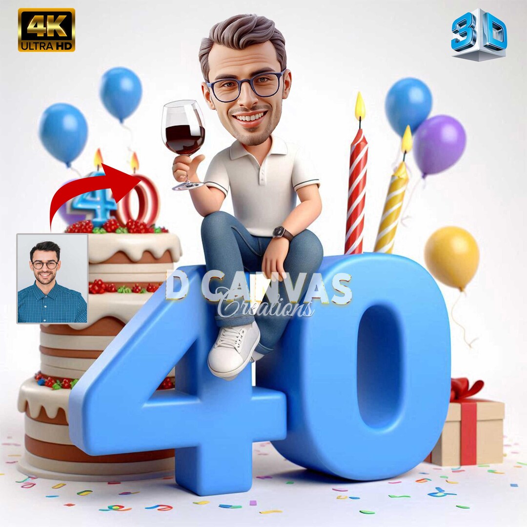 Custom 40th Birthday Caricature – Man Sitting on Blue "40" Digit ...