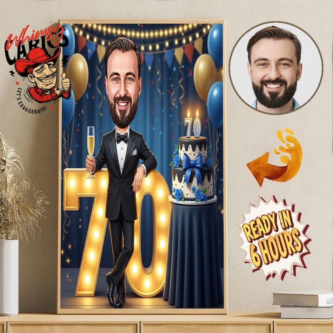 70th Birthday Custom Caricature | Personalized Cartoon Portrait | Funny ...