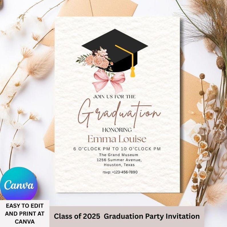 Graduation Party Invitation, Class of 2025 Invite, Pink Graduation ...