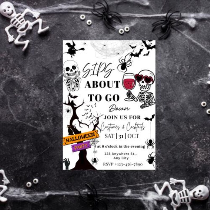 Skeleton Halloween Party Invitation: Editable Canva Template (digital ...