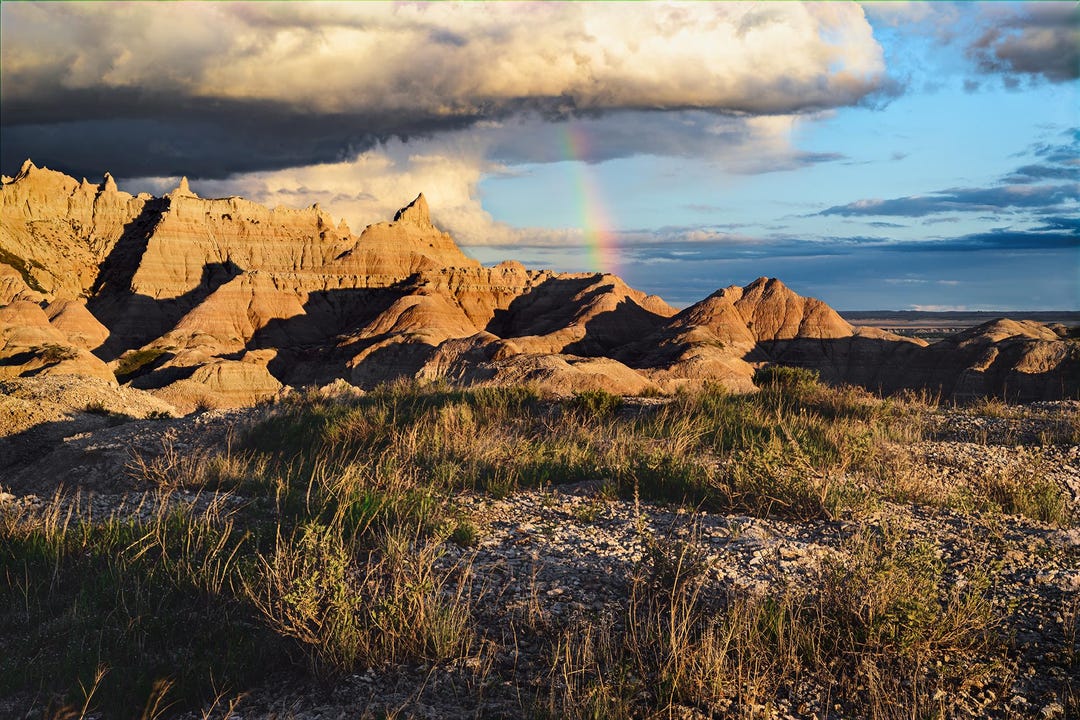 Badlands Rainbow Landscape Photo – Dramatic Sky, Golden Light, and ...