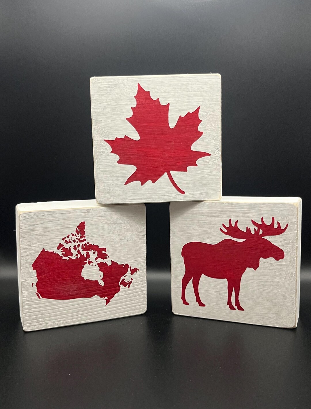 Canada Wooden Block Decor | Hand-painted Moose, Maple Leaf & Canada Map ...